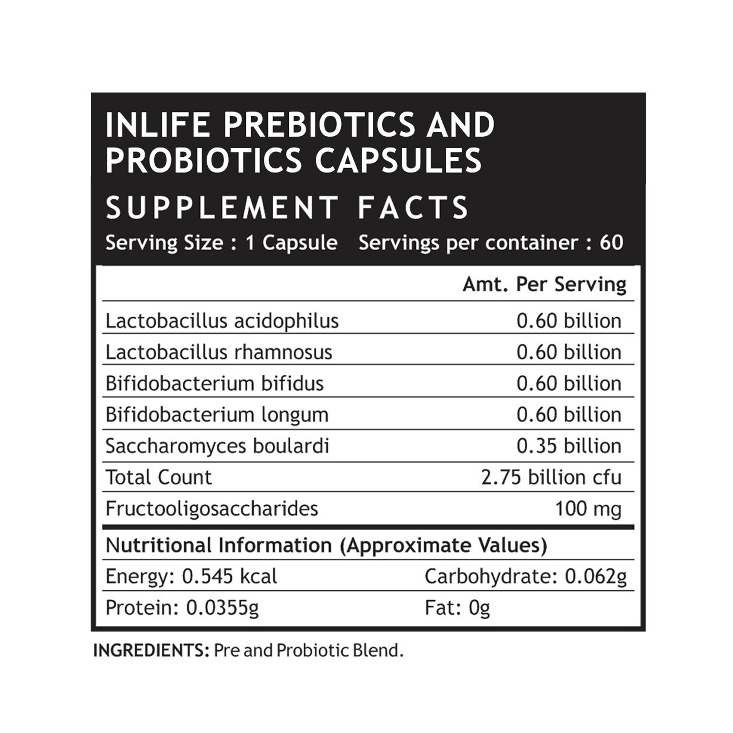 INLIFE Pre and Probiotics Supplement for Men Women (60 Capsules)