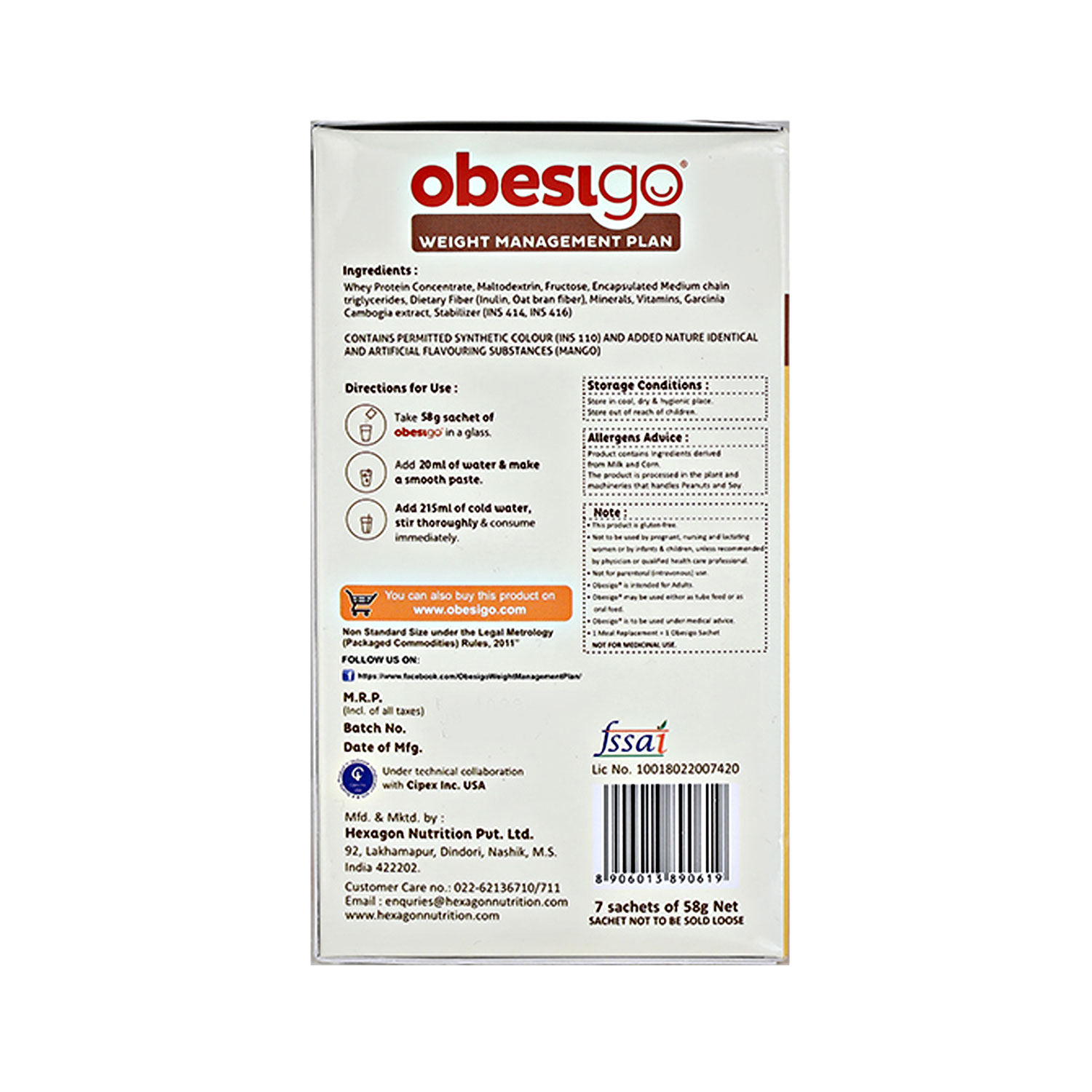 Obesigo BLCD Weight Management Plan Mango Shake 406g