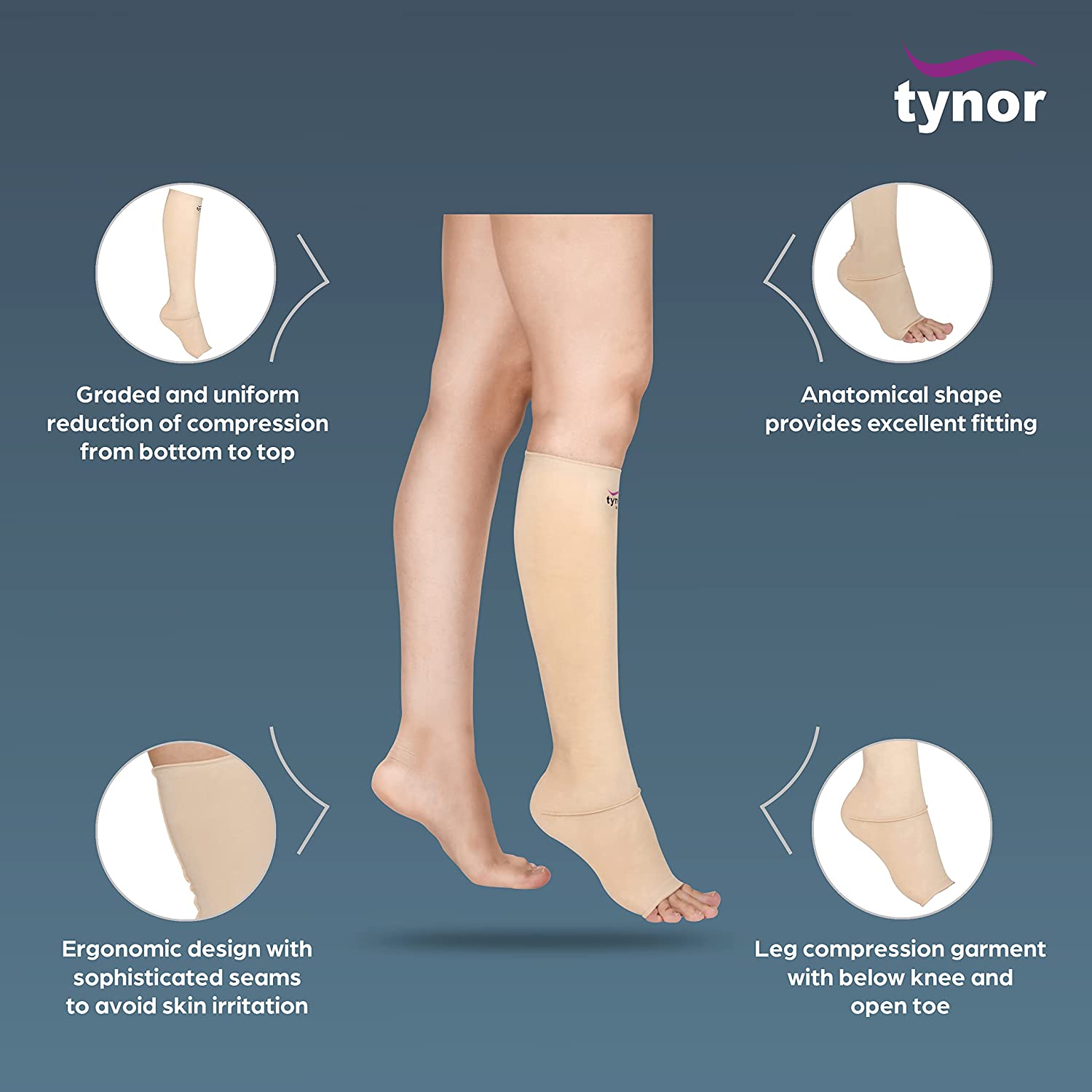 Tynor Compression Garment Leg Below Knee Open Toe Support Small