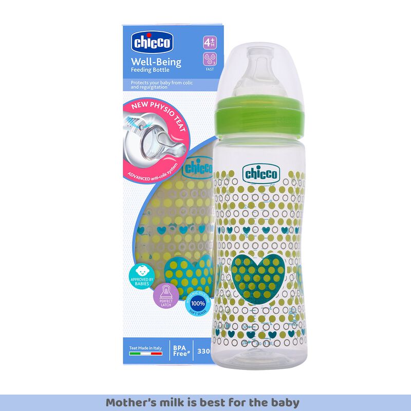Chicco Well Being Feeding Bottle And Teat Fast Flow 330ml Green