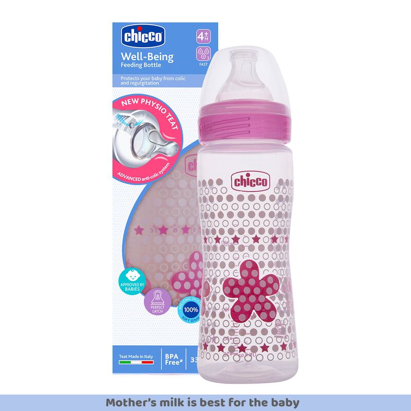Chicco WellBeing Feeding Bottle And Teat Fast Flow 330ml Pink