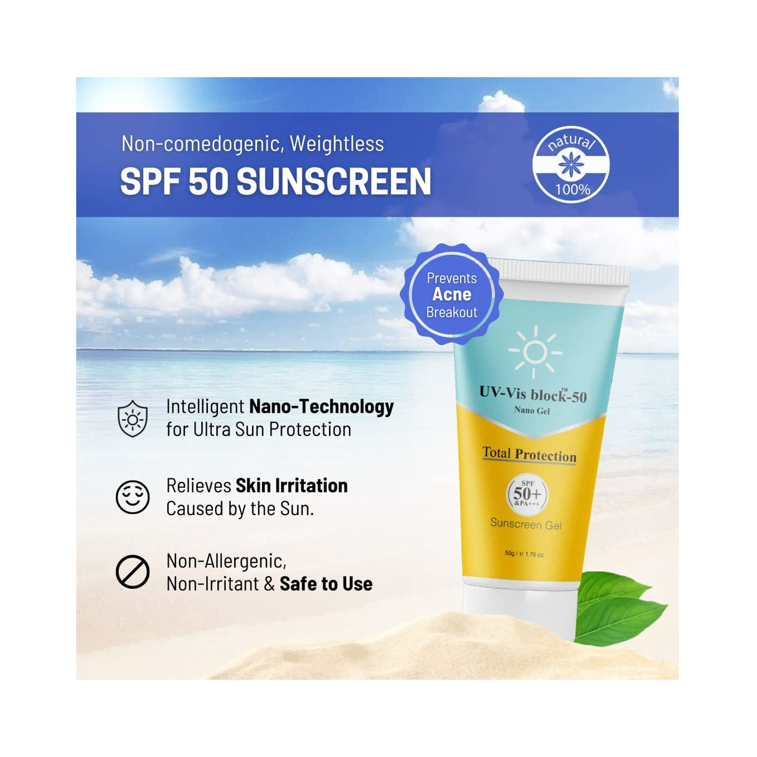 UV-Vis Block Nano Gel Sunscreen (SPF50++) 50g - Cureka