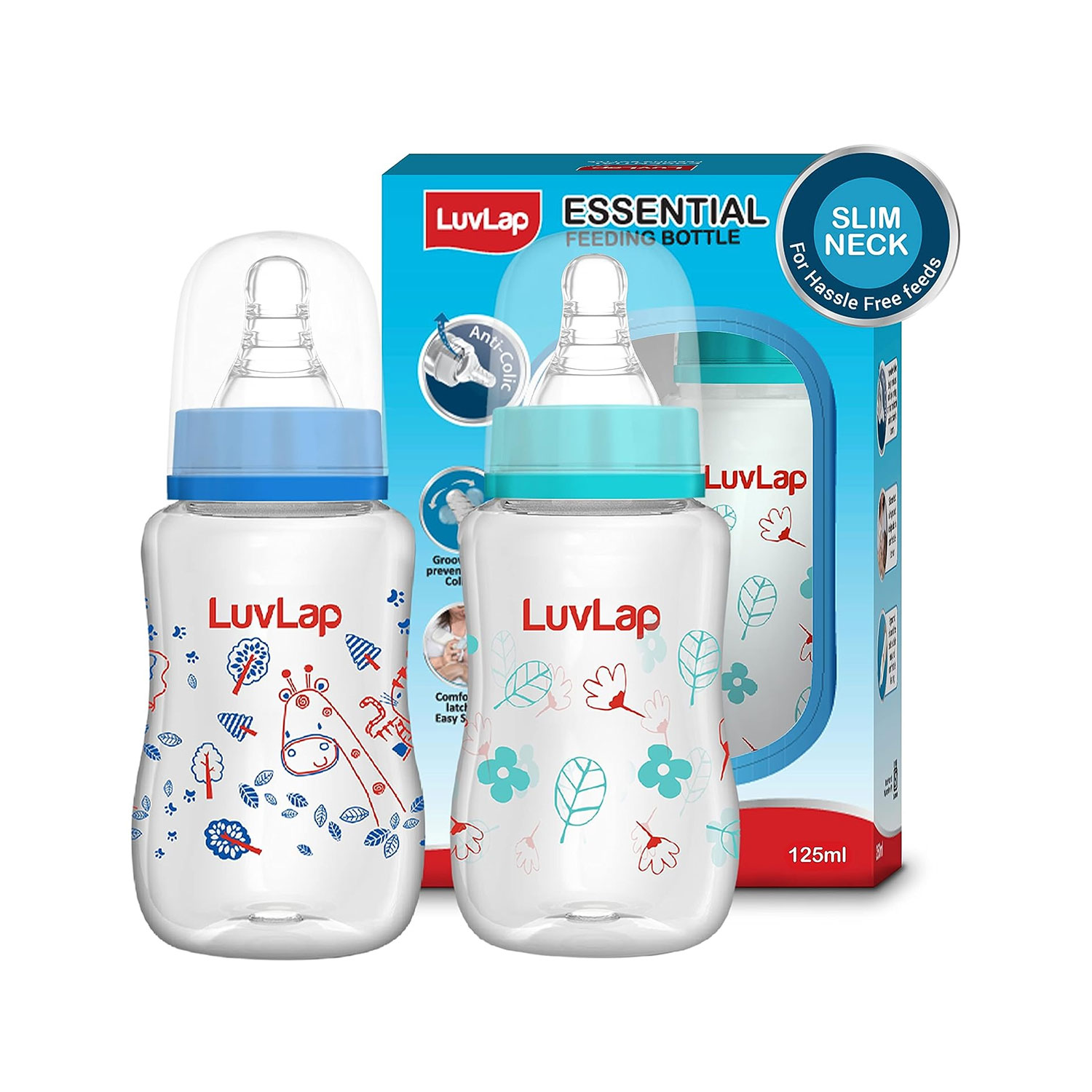 Luvlap Slim Neck Bottles and Teats Jungle Tale (125ml) Pack of 2