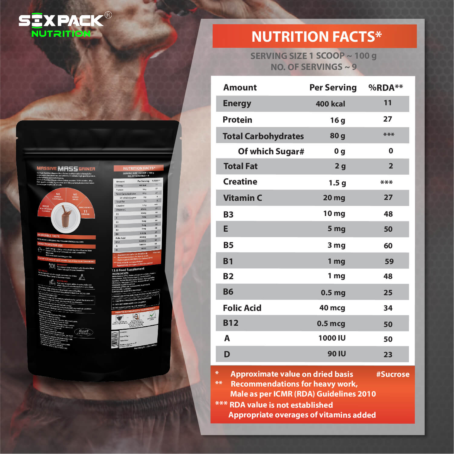 Six Pack Nutrition Massive Mass Gainer Whey Protein Powder Dark ...