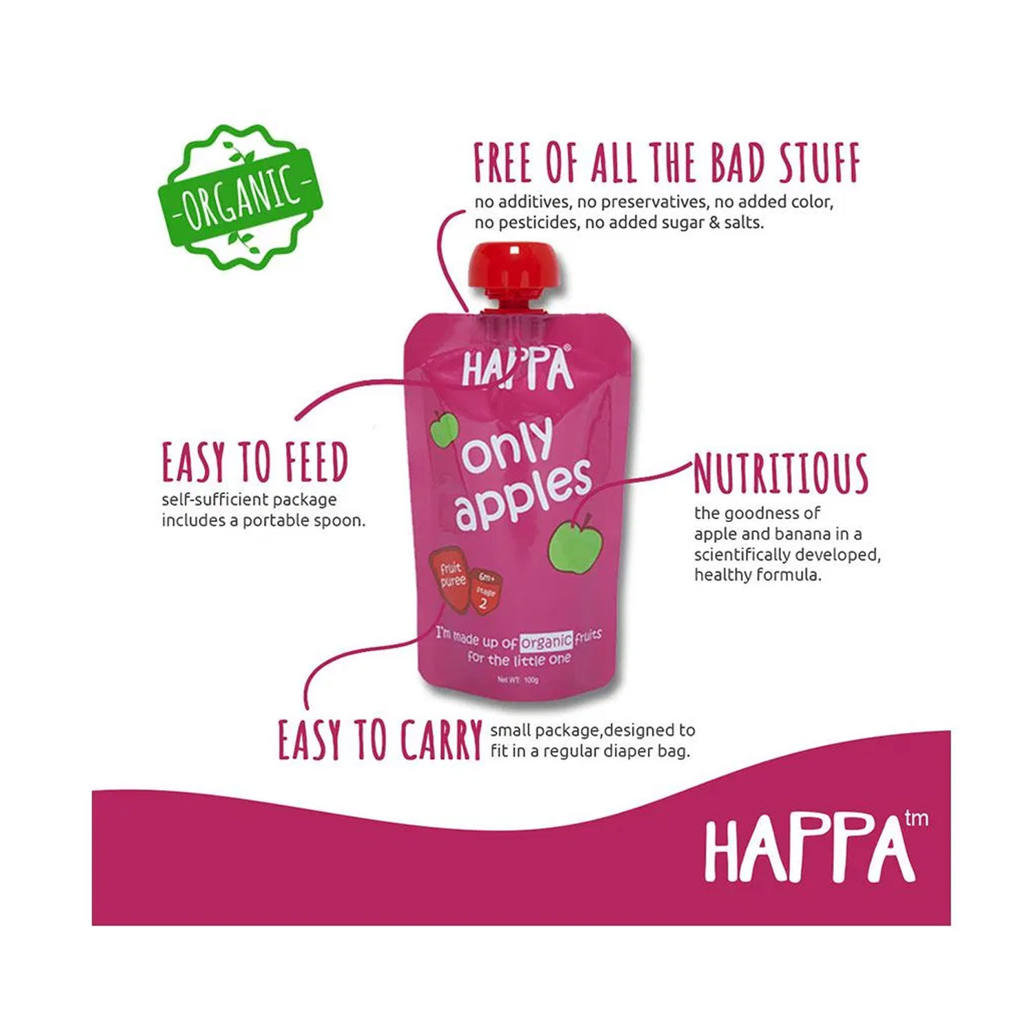 Happa Organic Only Apple Puree, Stage 2, 6 Months+, 100g Each (Pack of ...
