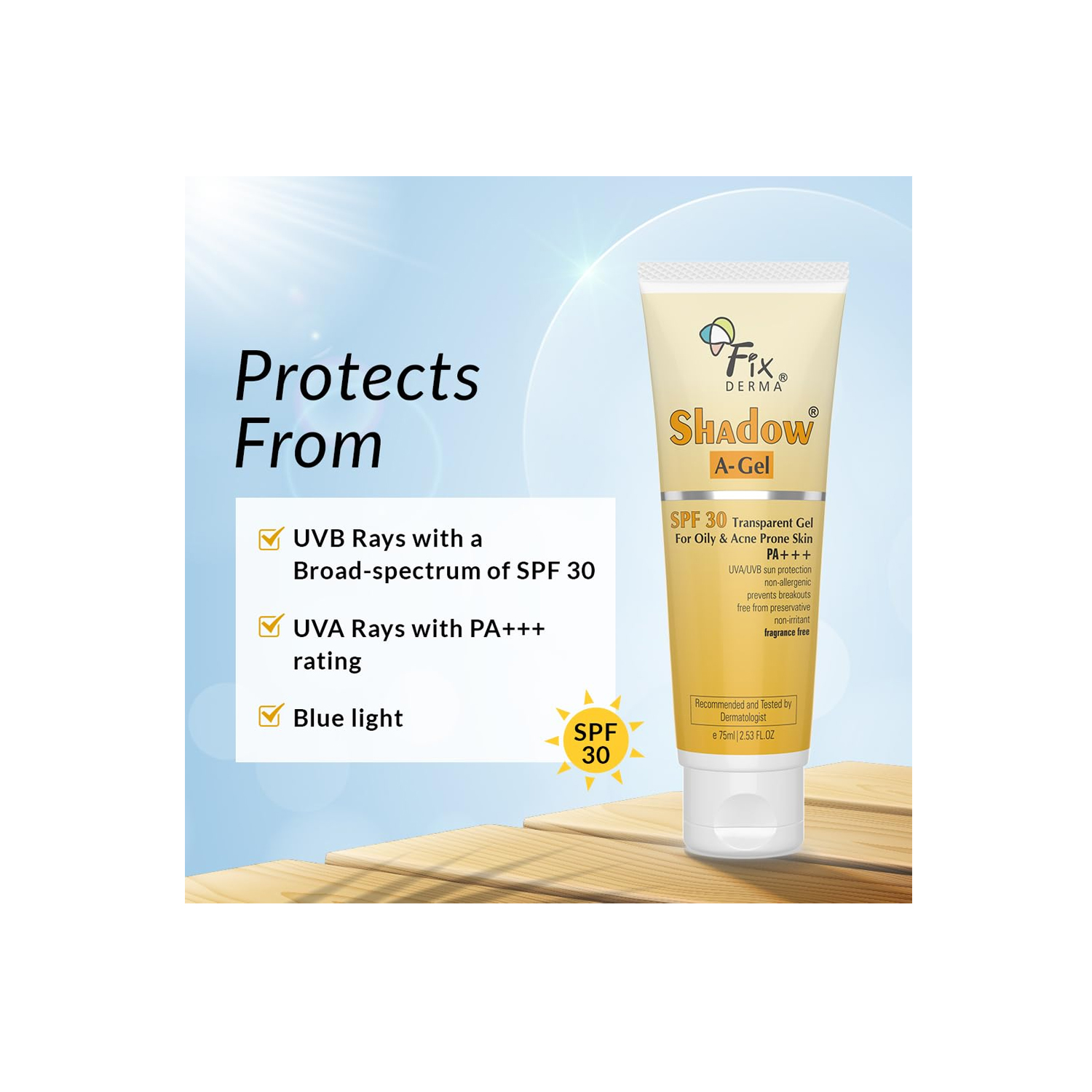FixDERMA Shadow Sunscreen A-Gel SPF 30 – 75ml Lightweight Daily Sun ...
