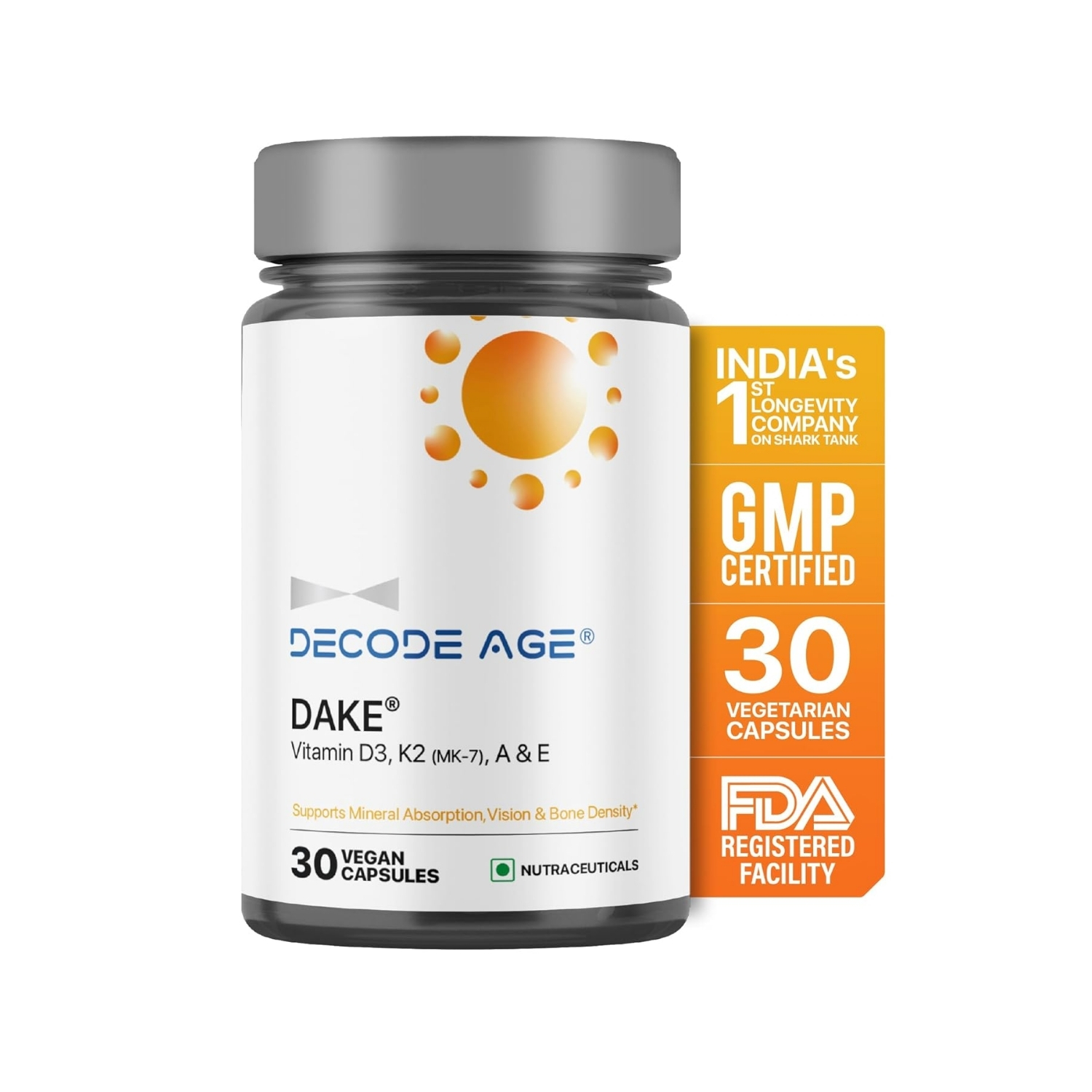 Decode Age DAKE Supplement -Vitamin D3, K2 (MK7), A & E Capsules (30 ...