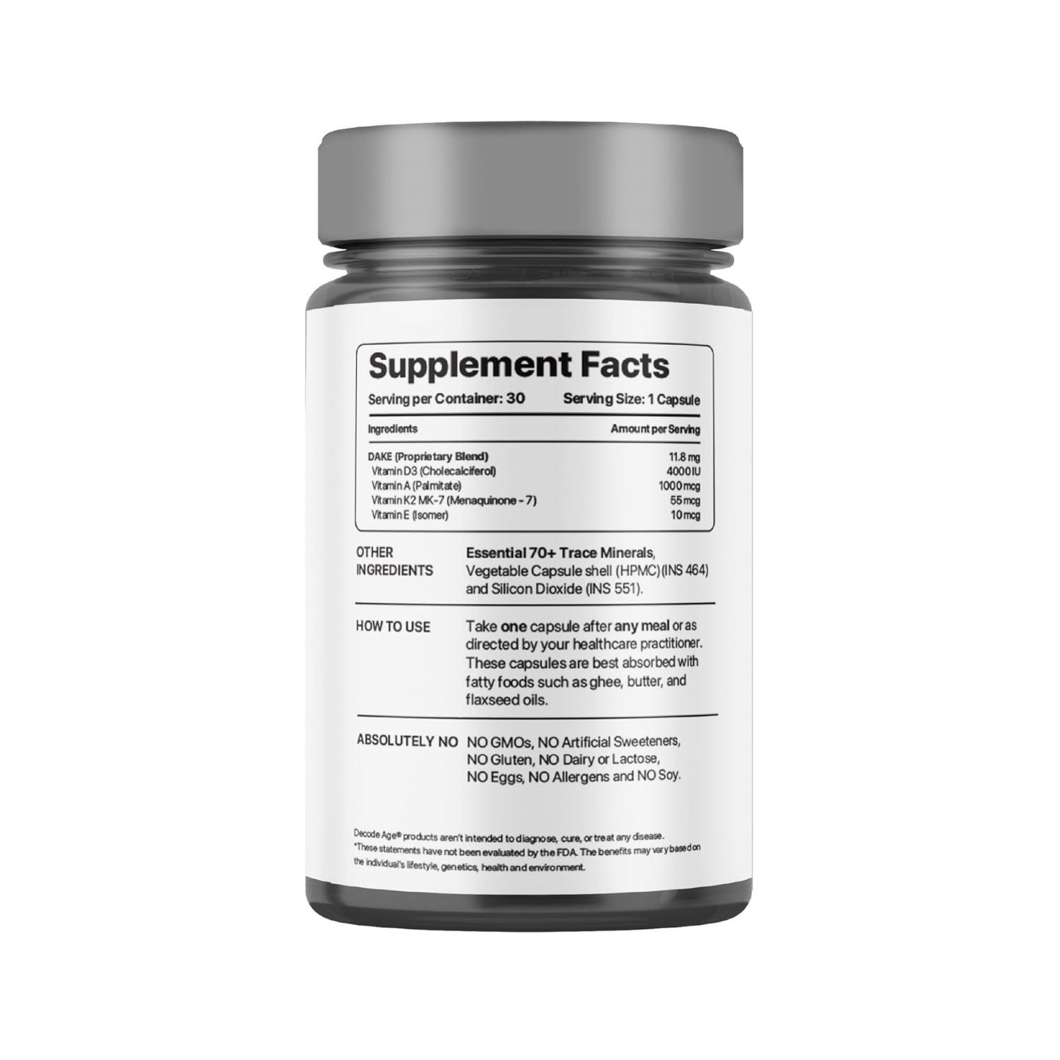 Decode Age DAKE Supplement -Vitamin D3, K2 (MK7), A & E Capsules (30 ...