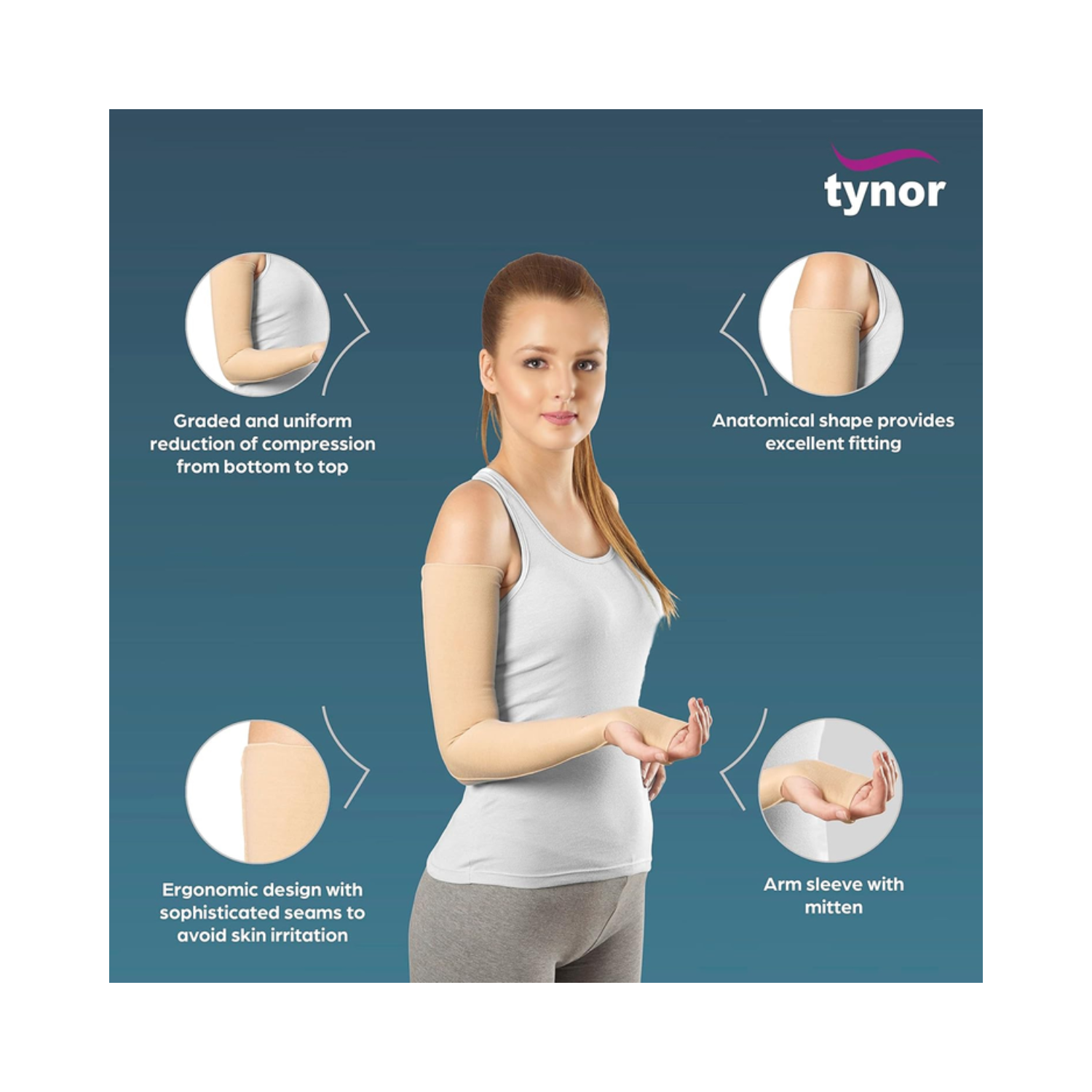 Tynor Compression Garment Arm Sleeve + Mitten (with thumb) Medium Wide ...